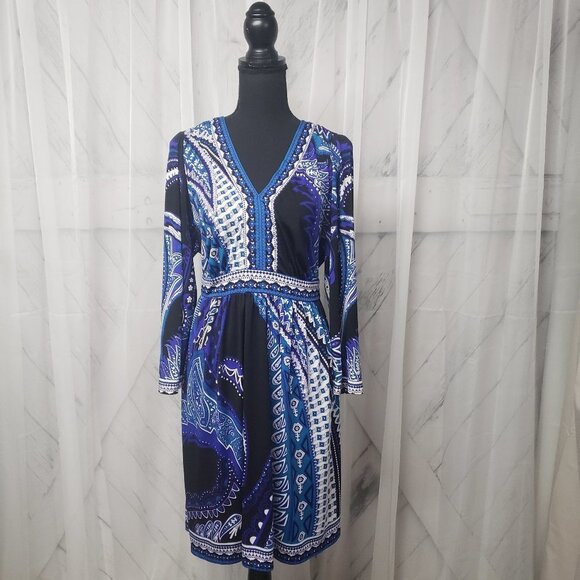 ECI | Dresses | Eci Blue Black Paisley Boho Tie Back Knee Length ...